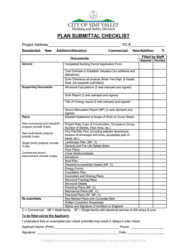 Fillable Online Plan Submittal Checklist - Building and Safety Division ...