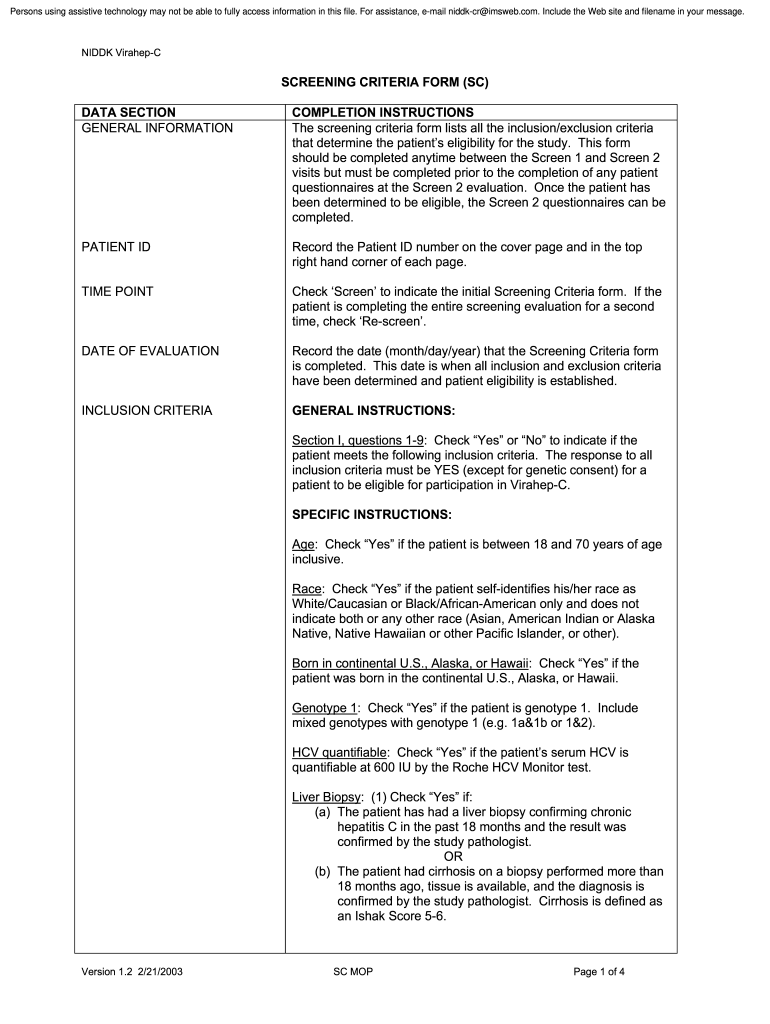 Fillable Online SCREENING CRITERIA FORM (SC) DATA SECTION COMPLETION ...
