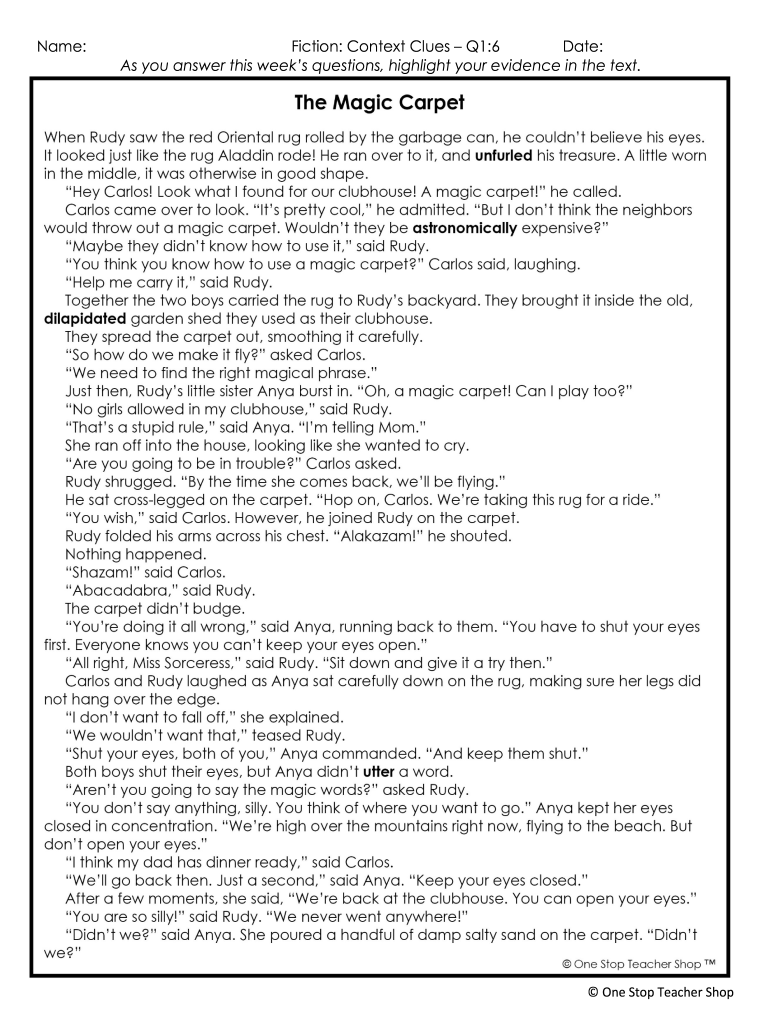 Fiction Context Clues Worksheet - Blank Fillable Template | Fill Out ...