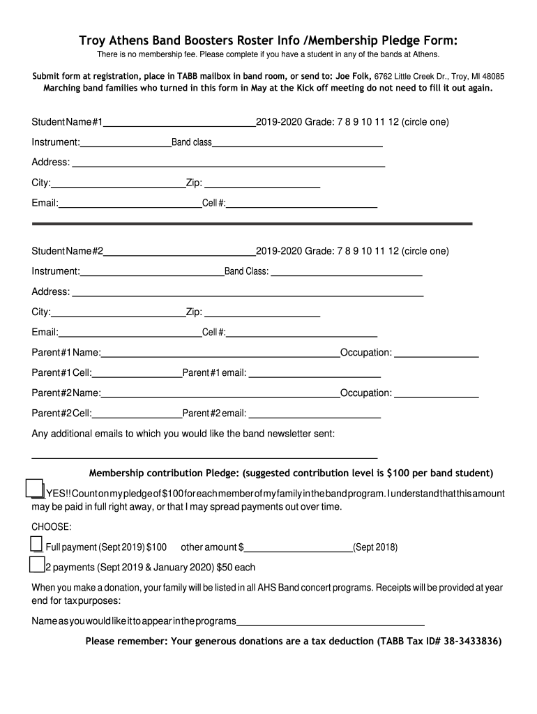 Fillable Online Troy Athens Band Boosters Roster Info /Membership ...