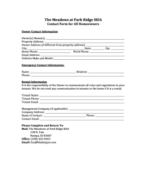 Fillable Online The Meadows at Park Ridge HOA Contact Form for All ...
