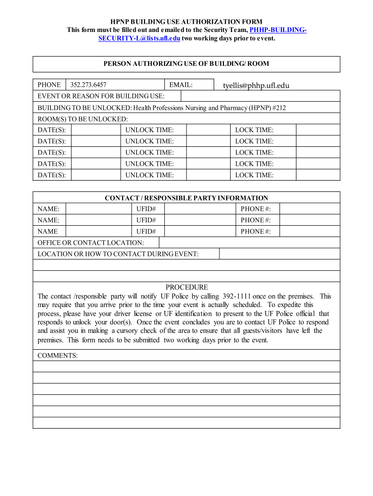 Fillable Online HPNP BUILDING USE AUTHORIZATION FORM This form must be ...