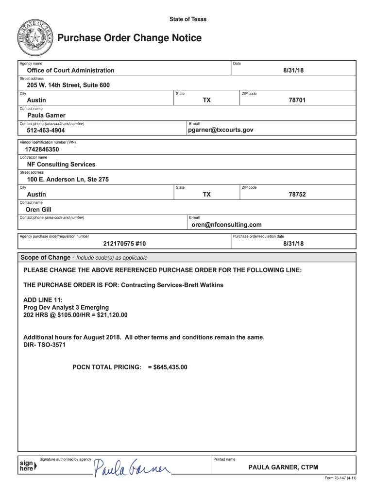 Fillable Online 76-147 Purchase Order Change Notice. 76-147 Purchase Order Change Notice Fax ...