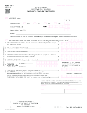 Fillable Online Form HW-14 Rev 2019 Withholding Tax Return. Forms 2019 ...