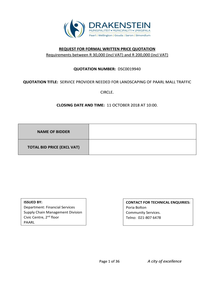 Fillable Online REQUEST FOR FORMAL WRITTEN PRICE QUOTATION Requirements ...