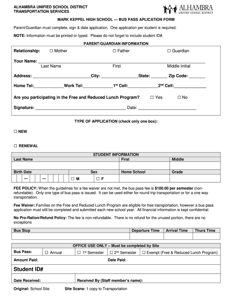 Fillable Online MARK KEPPEL HIGH SCHOOL BUS PASS APLICATION FORM Fax ...