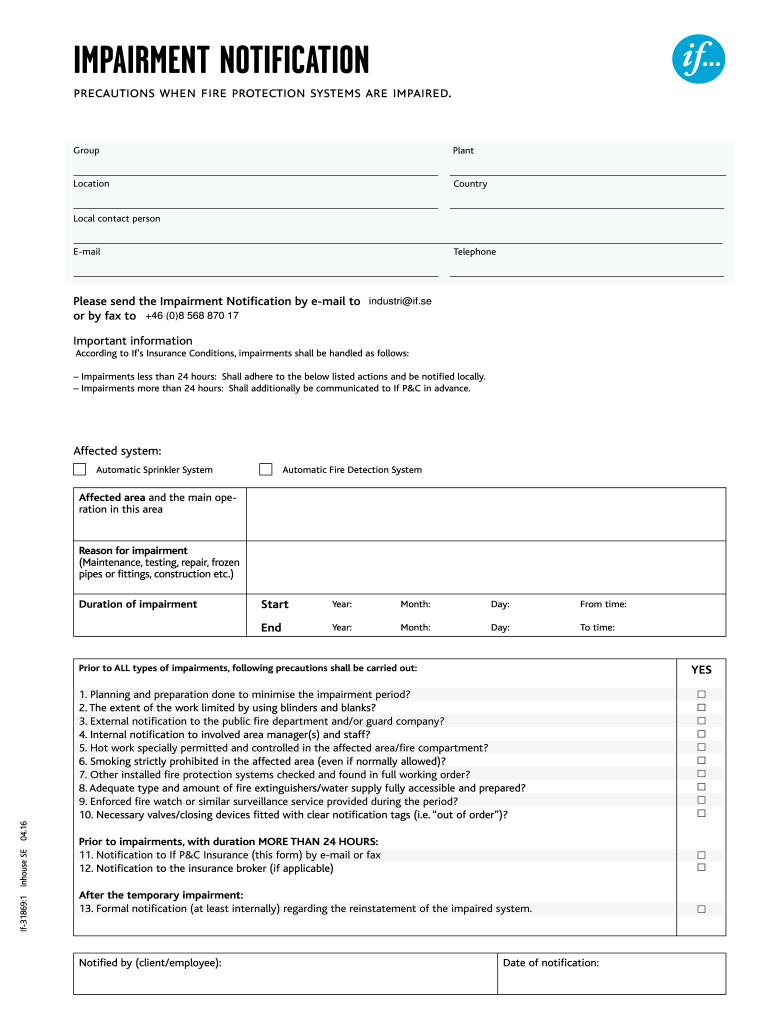 Fillable Online Impairment notificatitonIf. Form for precautions when ...