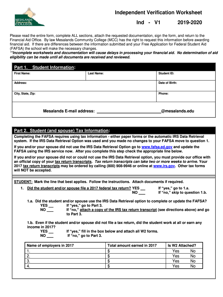 Fillable Online 2016 2017 Verification Worksheet (V1) Independent Student Fax Email Print ...