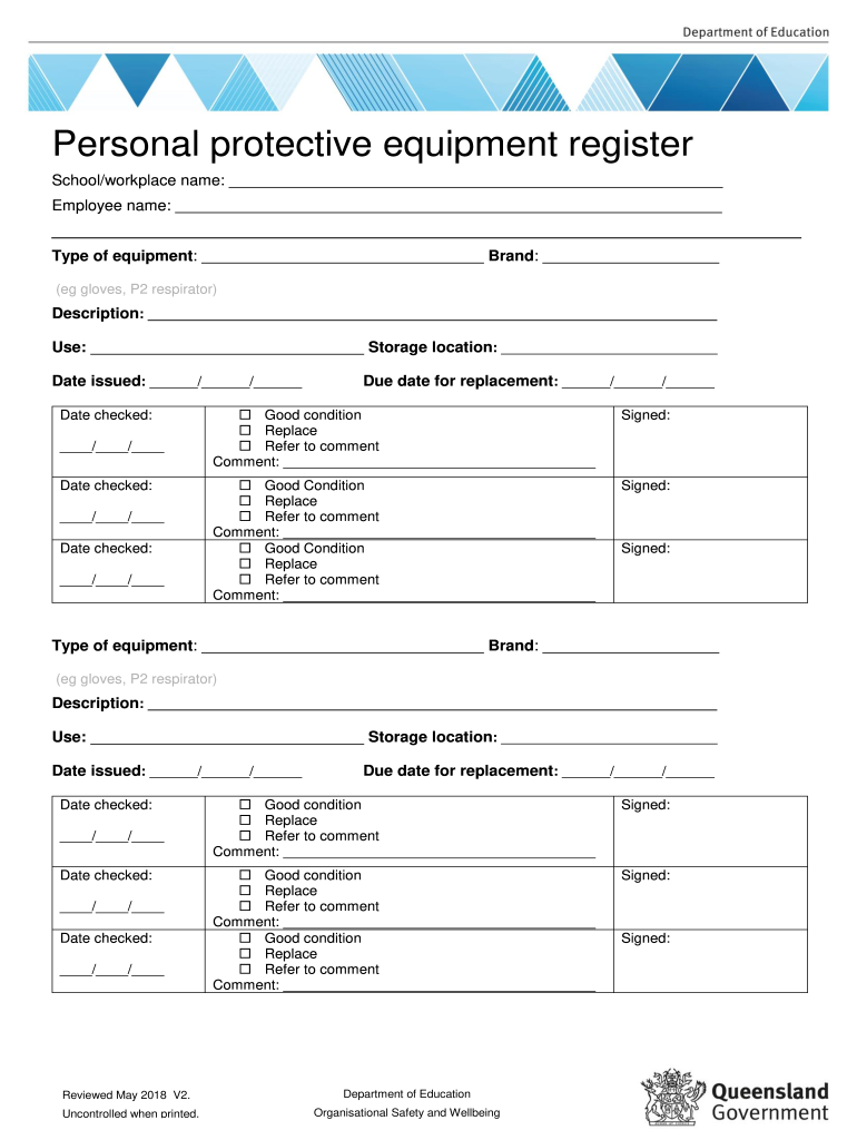 Fillable Online Personal protective equipment register. Personal ...