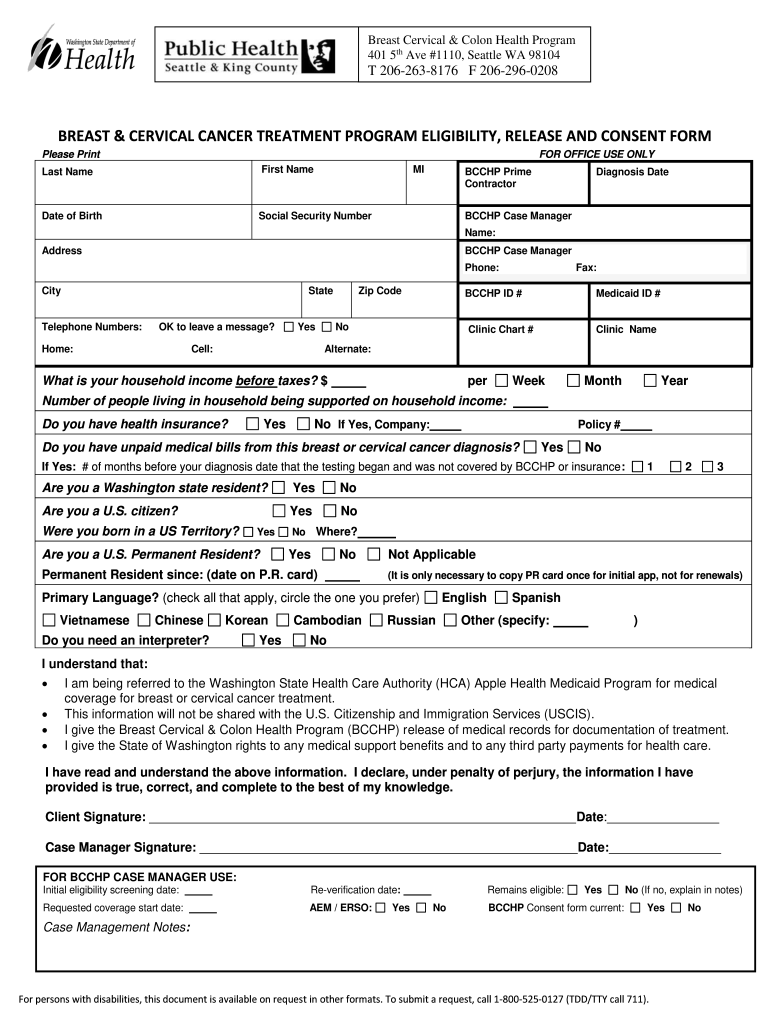 Fillable Online Breast Cervical Cancer Treatment (BCCTP) Application ...