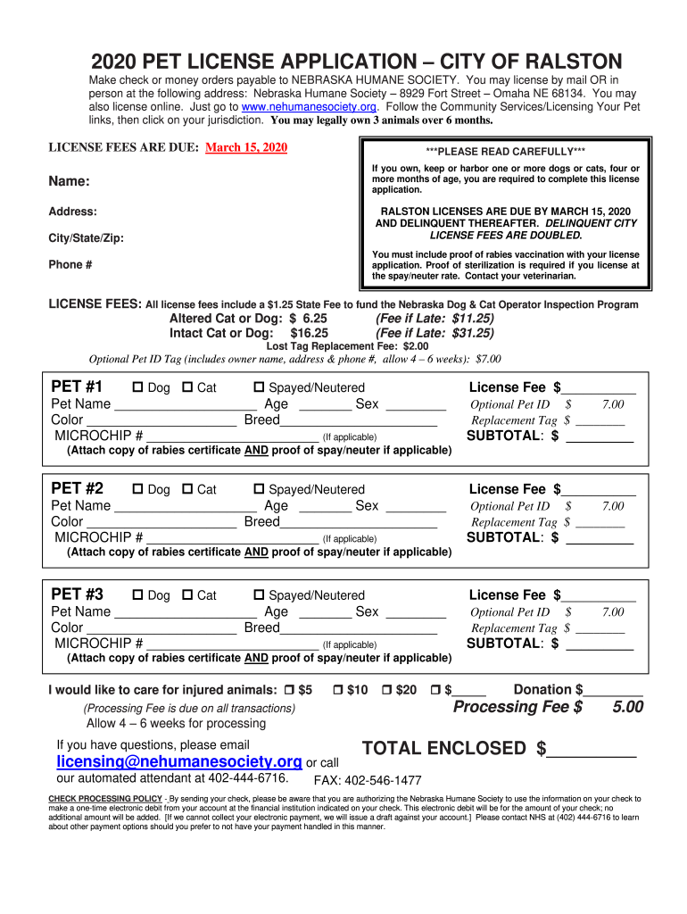 Fillable Online 2020 PET LICENSE APPLICATION CITY OF RALSTON Fax Email ...