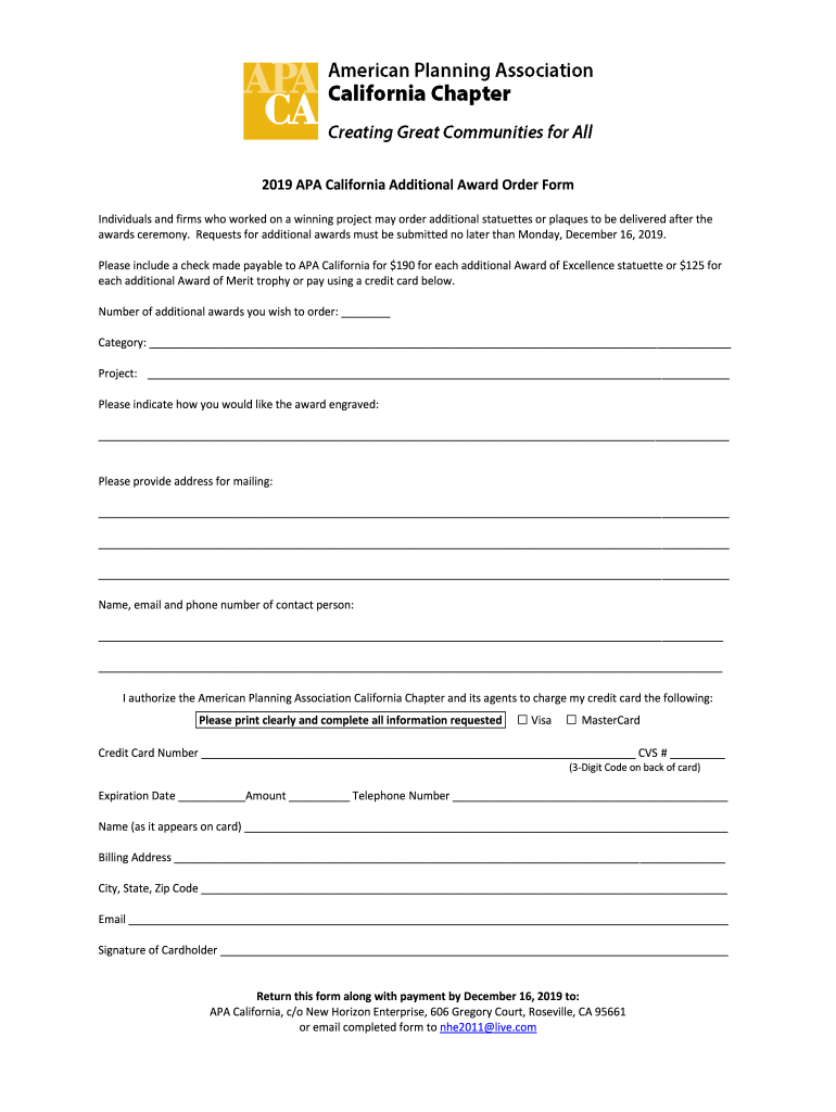 Fillable Online APA CALIFORNIA 2017 AWARDS APPLICATION FORM Fax Email Print - pdfFiller
