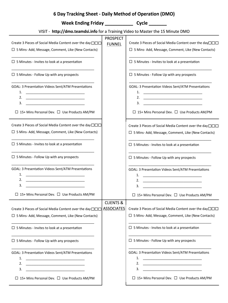Fillable Online 6 Day Tracking Sheet - Daily Method of Operation (DMO ...