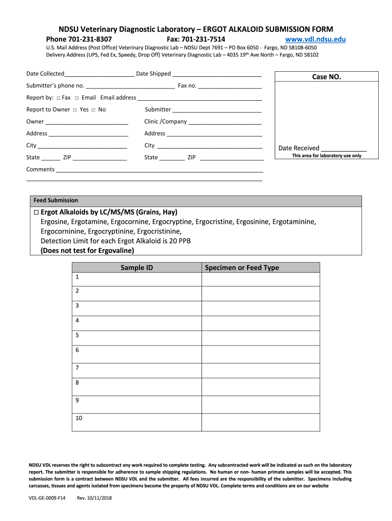 Fillable Online NDSU Veterinary Diagnostic Laboratory ERGOT ALKALOID SUBMISSION FORM Fax Email ...