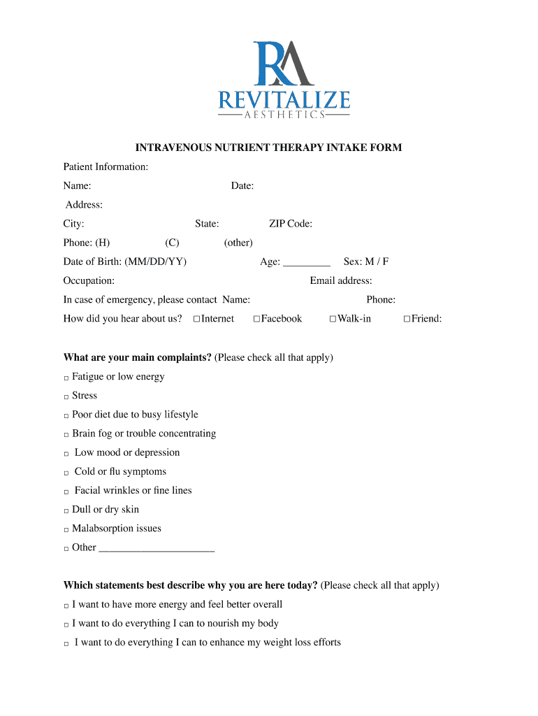Fillable Online IV NUTRIENT THERAPY INTAKE FORM.pages Fax Email Print - pdfFiller