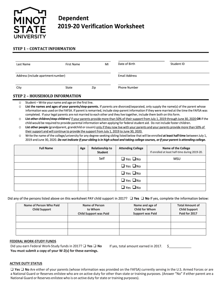 Fillable Online 201920 Verification Worksheet Fax Email Print - pdfFiller