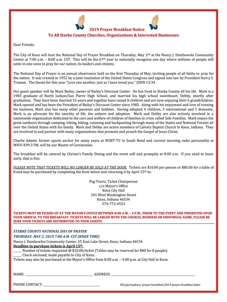 Fillable Online 2019 Prayer Breakfast Notice To All Starke County ...
