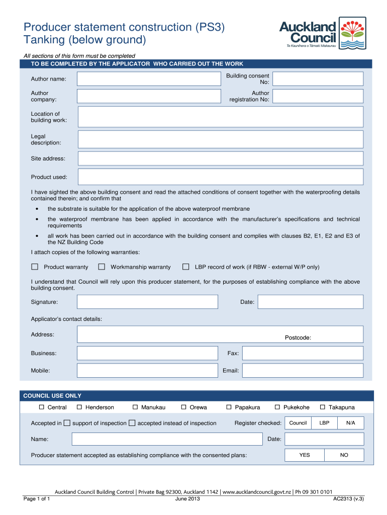 Fillable Online Producer Statement Construction (PS3) Tanking (below ground) Fax Email Print ...