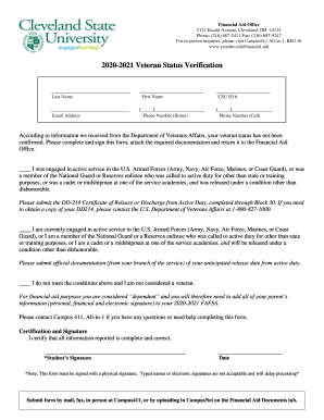 Fillable Online 2020-2021 Veteran Status Verification - Cleveland State ...