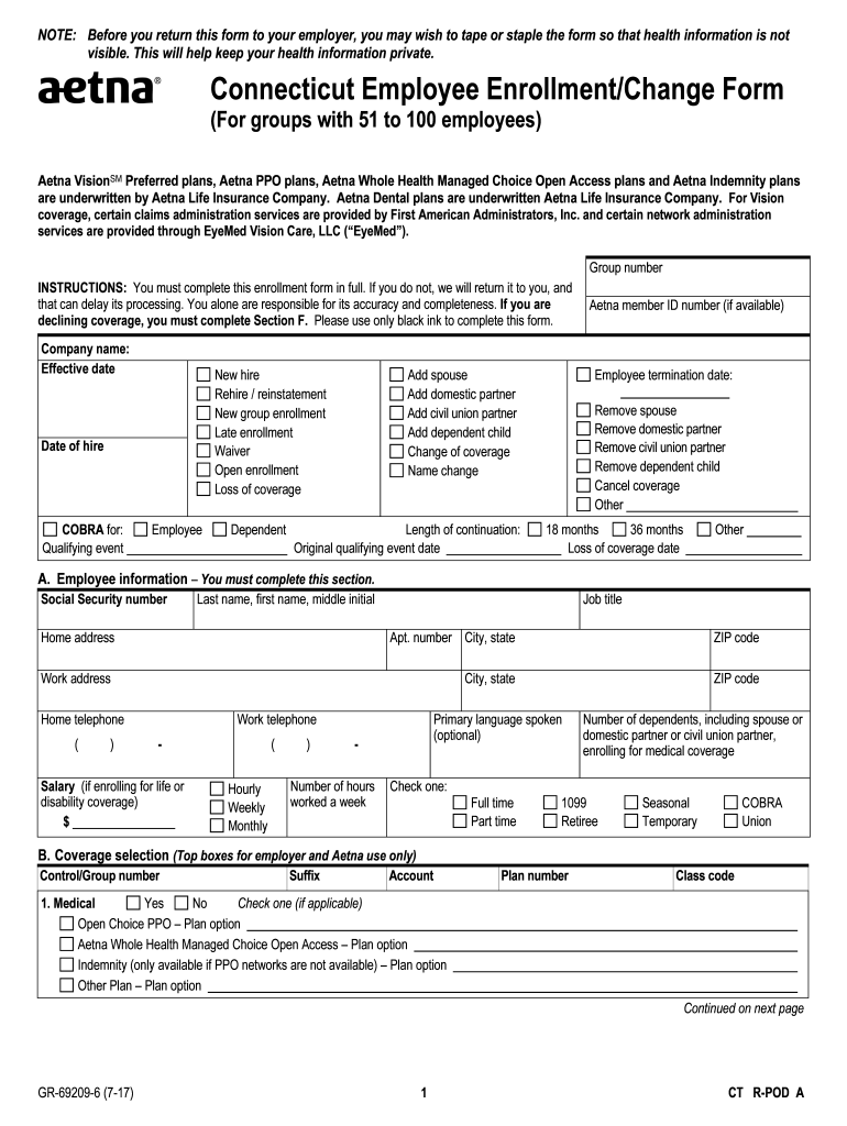 Fillable Online Connecticut Employee Enrollment/Change Form - 51-100 employees - Aetna ...