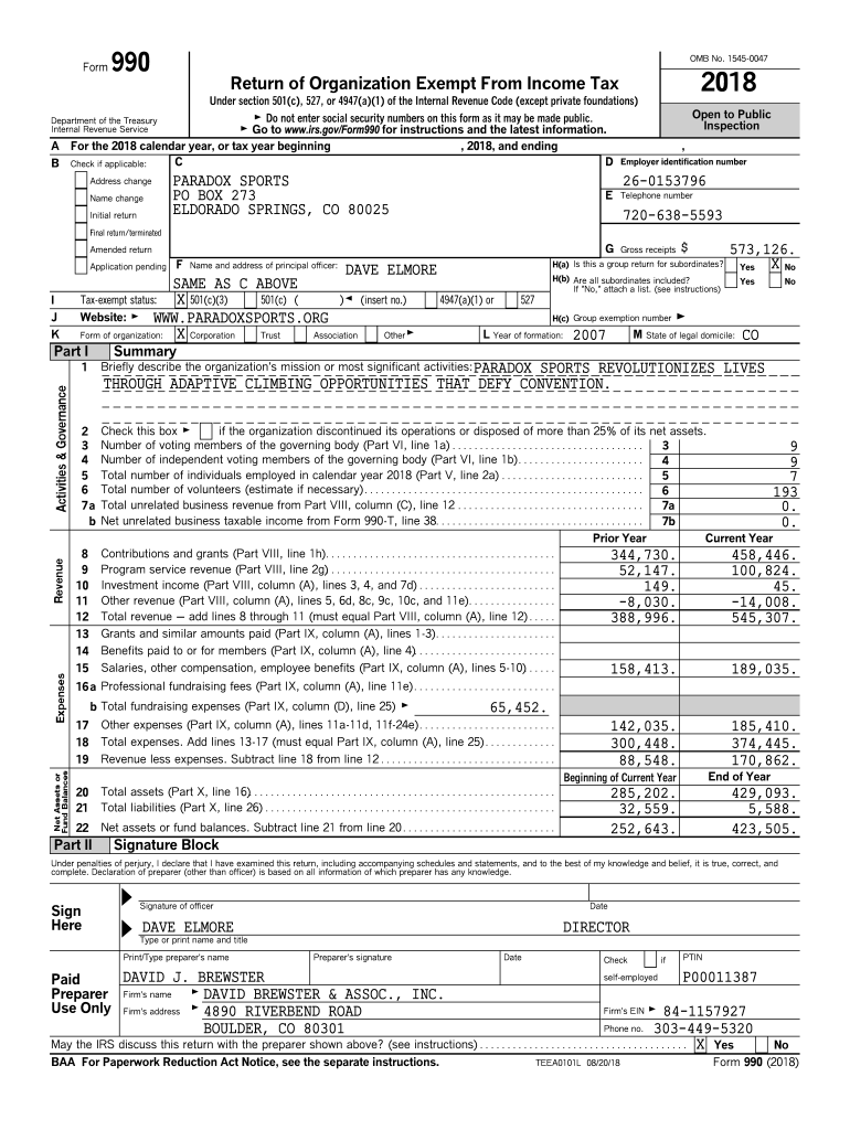 Fillable Online 2018 Form 990 - Paradox Sports Fax Email Print - pdfFiller