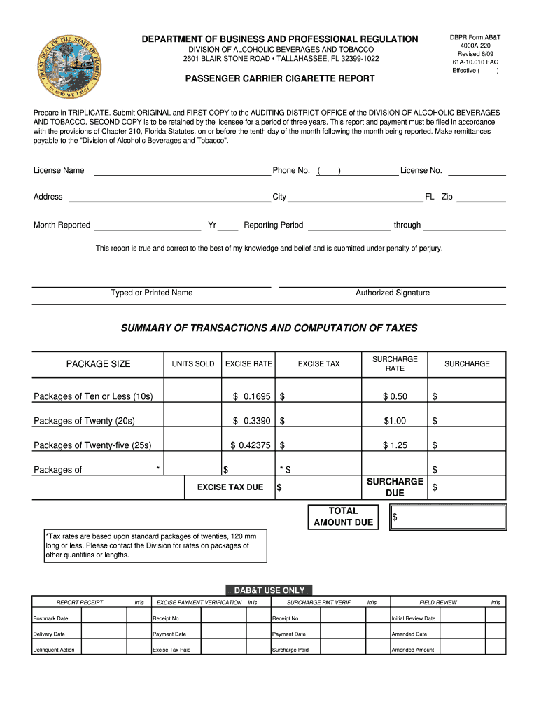 Fillable Online DBPR Form ABT 4000A-220 Passenger Carrier Cigarette ...