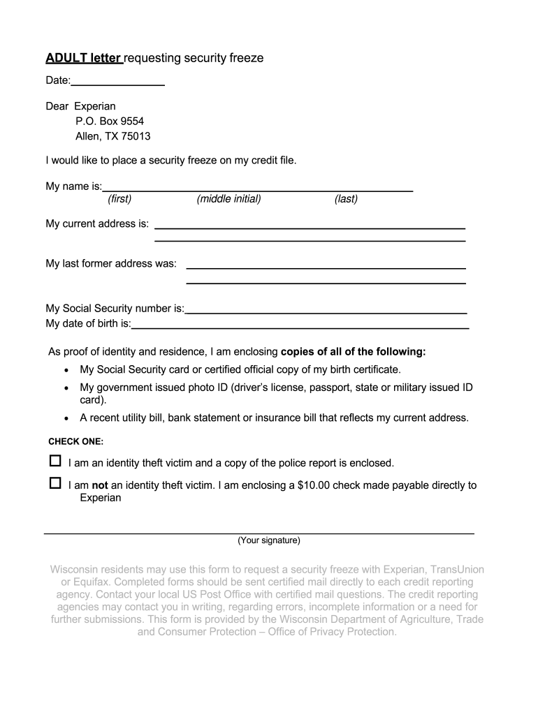 Fillable Online Experian Adult Freeze Letter - Anderson O'Brien Law ...