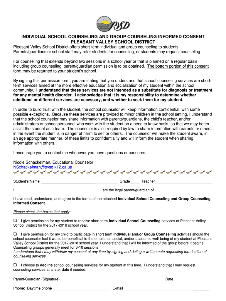 Fillable Online INDIVIDUAL SCHOOL COUNSELING AND GROUP COUNSELING ...