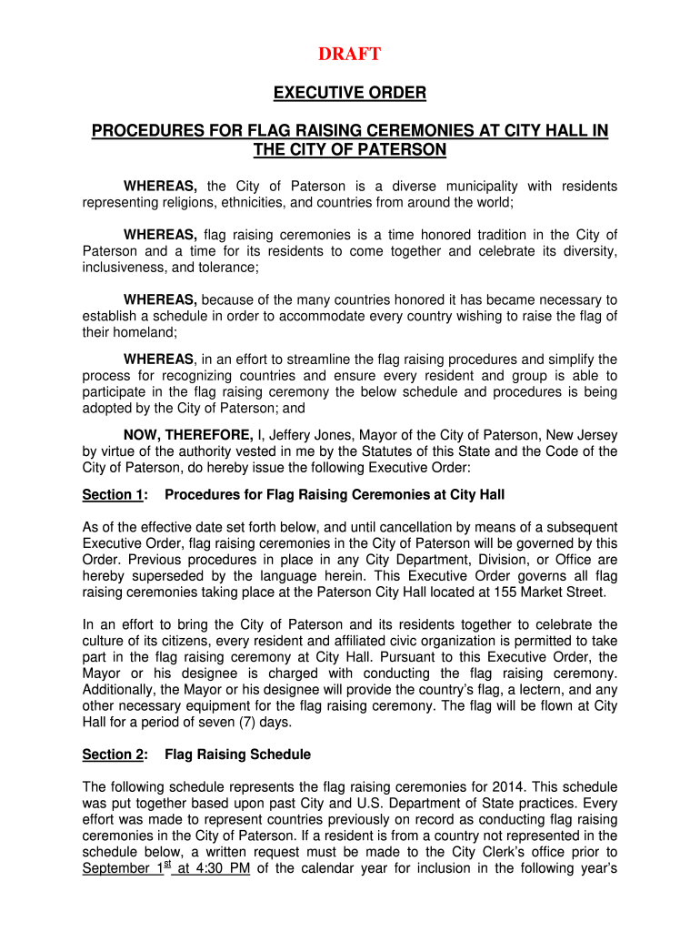 Fillable Online Draft Executive Order Flag Raising Ceremonies at City ...