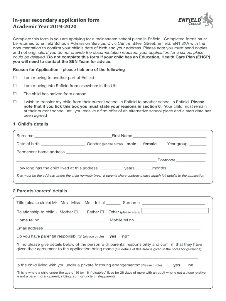 Fillable Online In-year secondary application form Academic ...