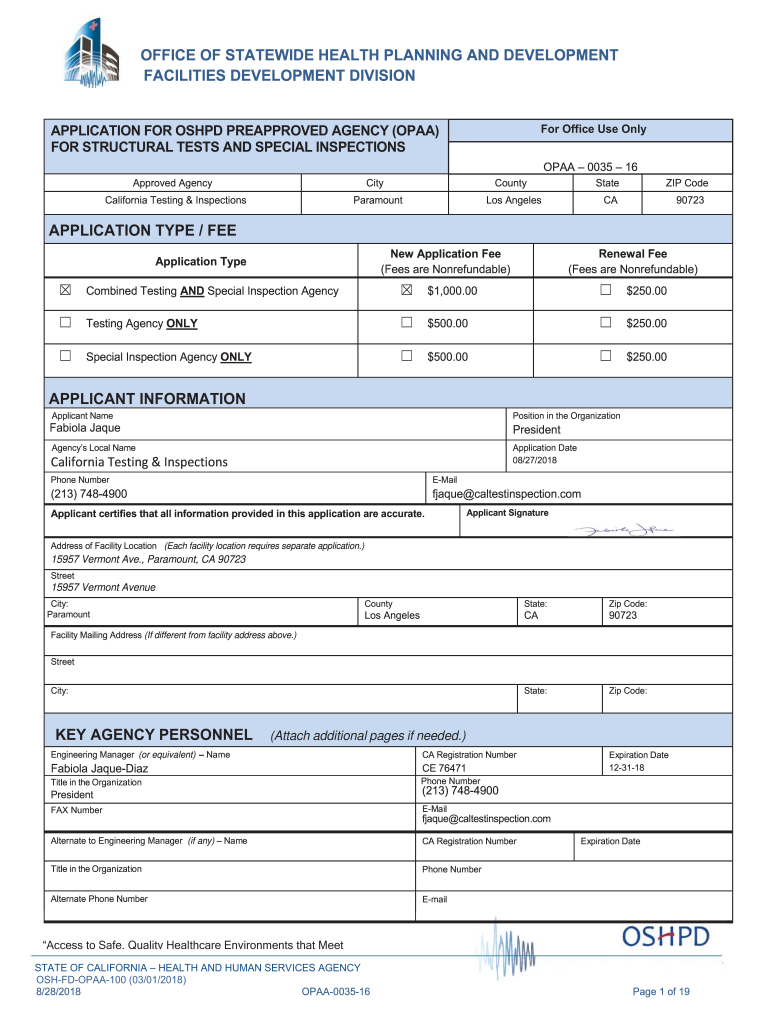 Fillable Online OSHPD Preapproved Agency (OPAA). California Testing ...