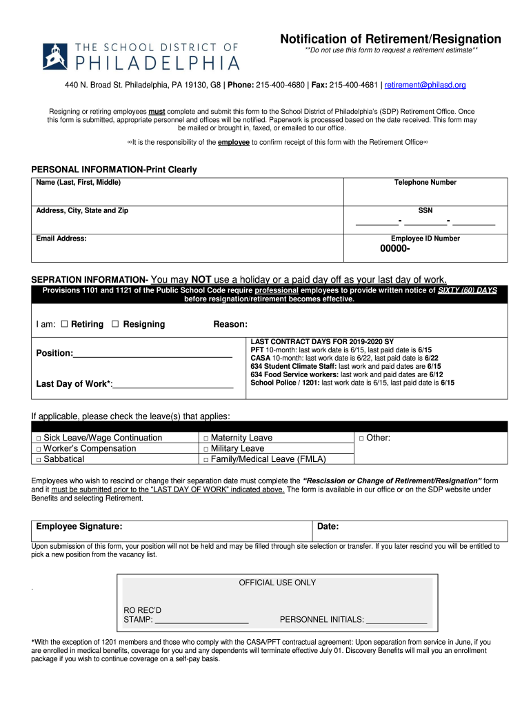 Fillable Online Retirement-Resignation Form - School District of ...