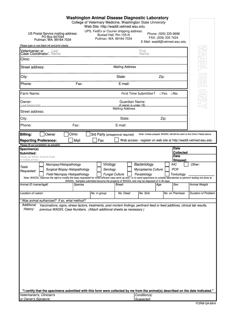 Fillable Online WADDL Accession Form - WSU Vet Clinic version WADDL 011 ...