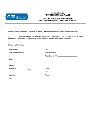 Fillable Online FORM ERV-DS1 INSTRUCTION MANUAL WAIVER Fax Email Print ...