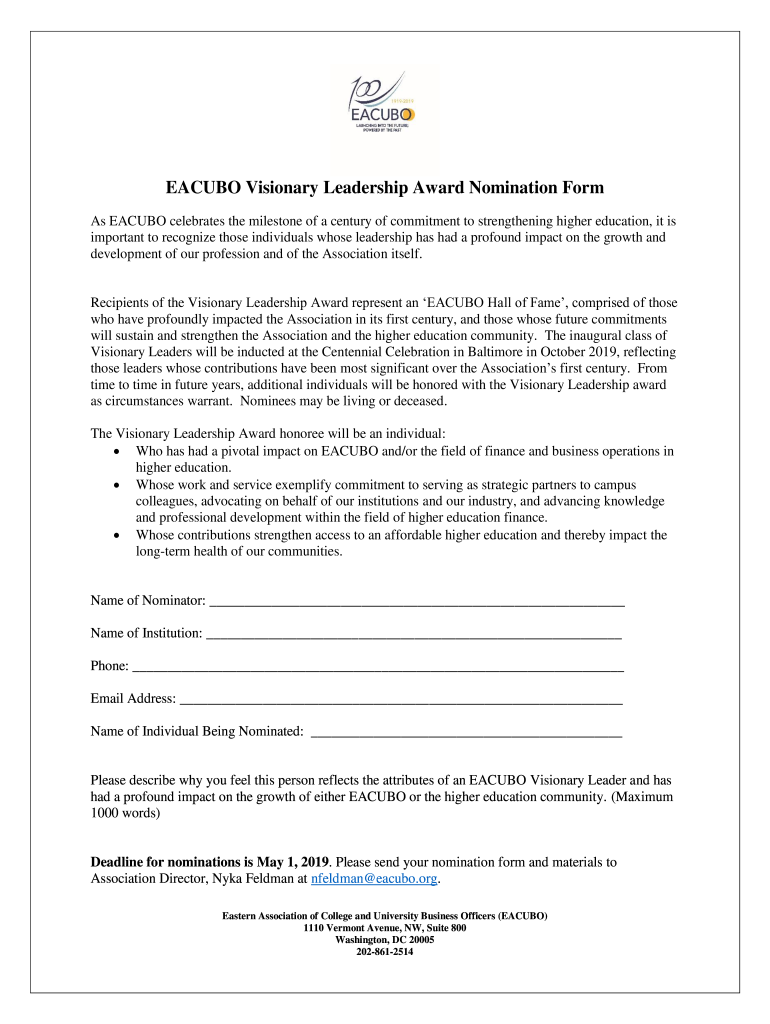 Fillable Online EACUBO Visionary Leadership Award Nomination Form Fax Email Print - pdfFiller