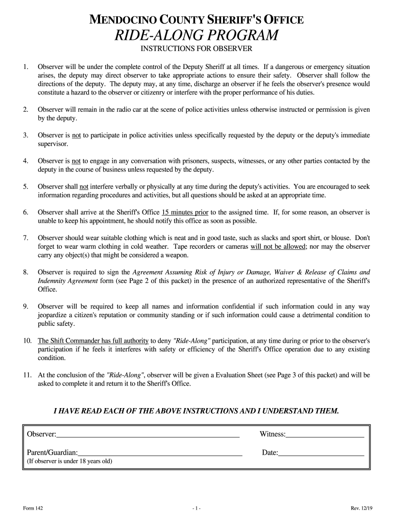 Fillable Online 142 Ride-Along Form.doc Fax Email Print - pdfFiller