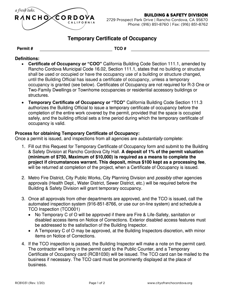Fillable Online Temporary Certificate of Occupancy - City of Rancho ...
