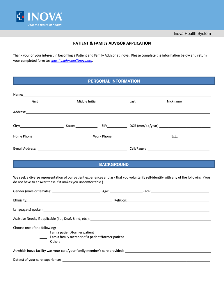 Fillable Online Patient Family Advisory Council (PFAC) Application - Inova Fax Email Print ...