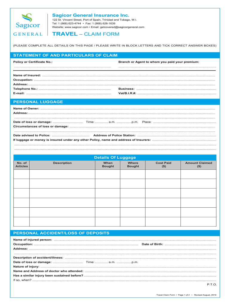 Sagicor Travel Claim Form - Blank Fillable Template | Fill Out, Print ...