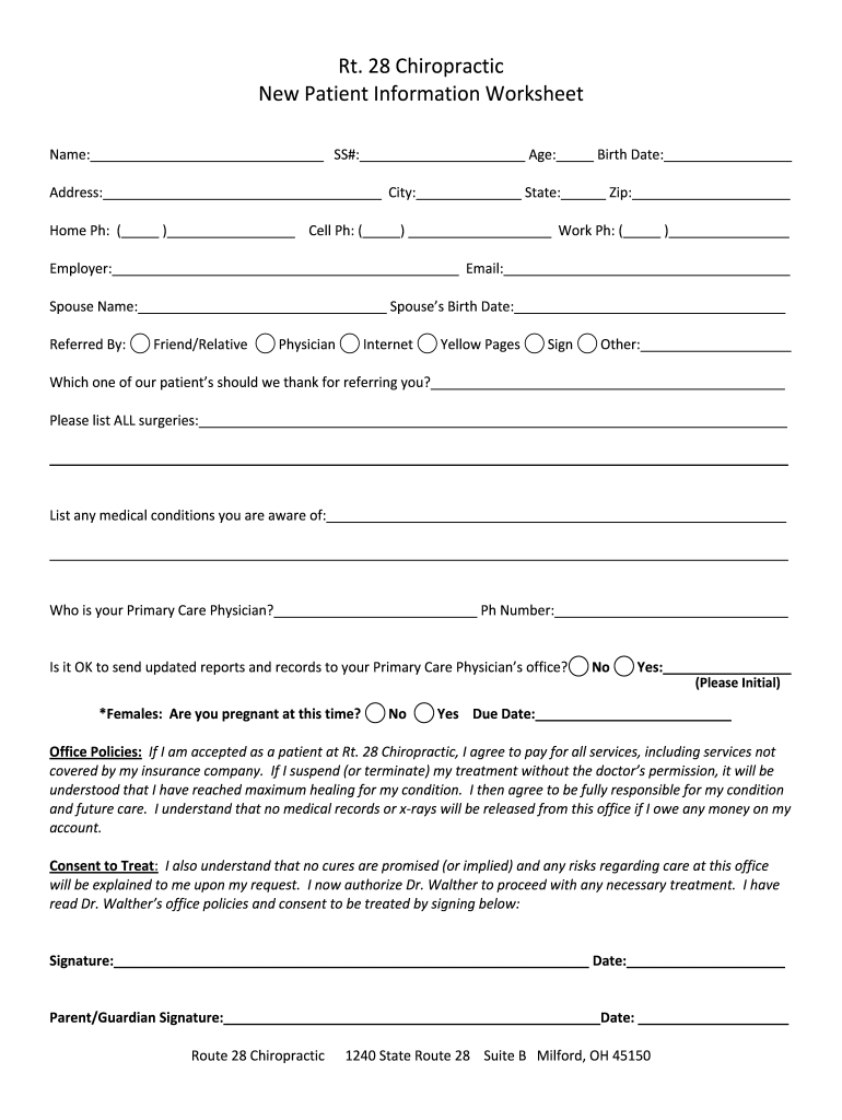 Fillable Online Rt. 28 Chiropractic New Patient Information Worksheet Fax Email Print - pdfFiller