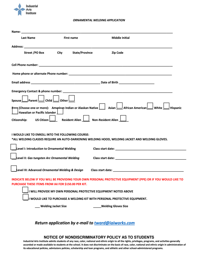 Fillable Online FILLABLE-ORNAMENTAL WELDING Application - Industrial ...