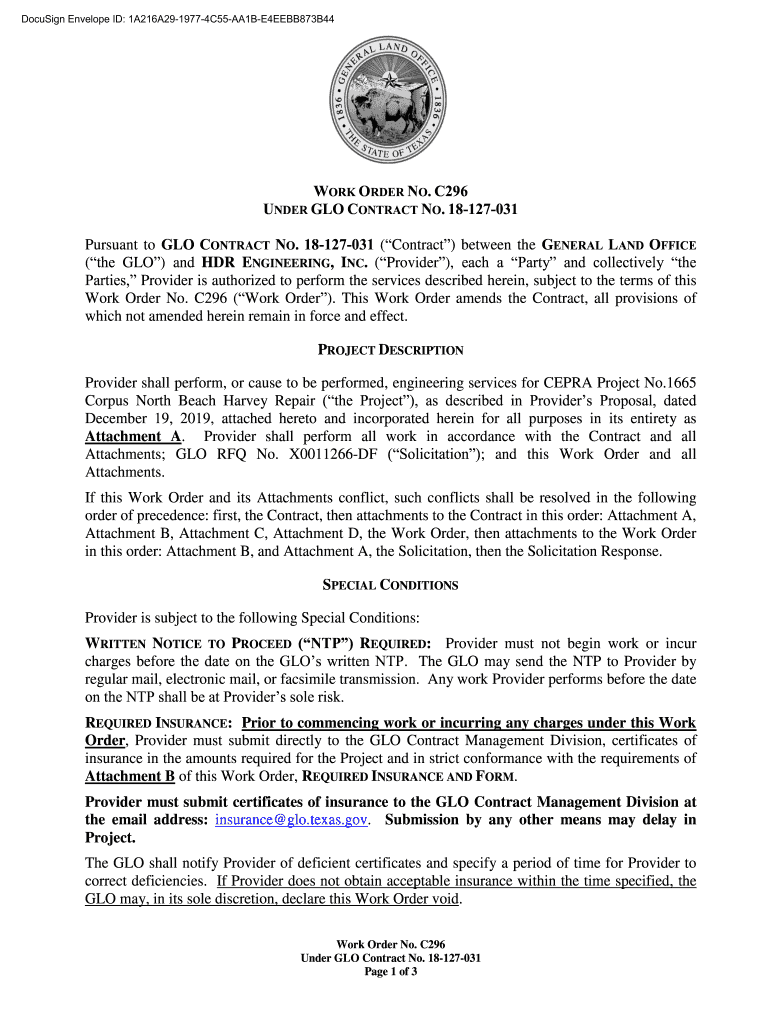 Fillable Online WORK ORDER NO. C296 UNDER GLO CONTRACT NO. 18-127 ... Fax Email Print - pdfFiller