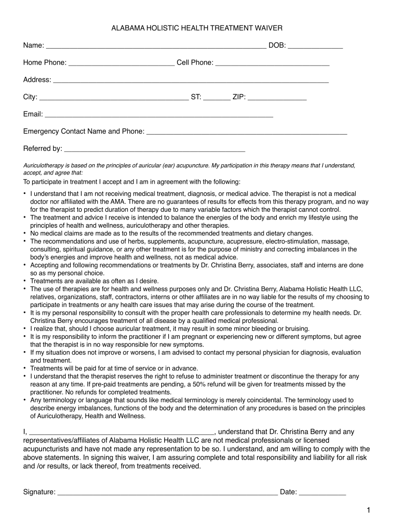 Fillable Online ALABAMA HOLISTIC HEALTH TREATMENT WAIVER Name: DOB: Fax ...