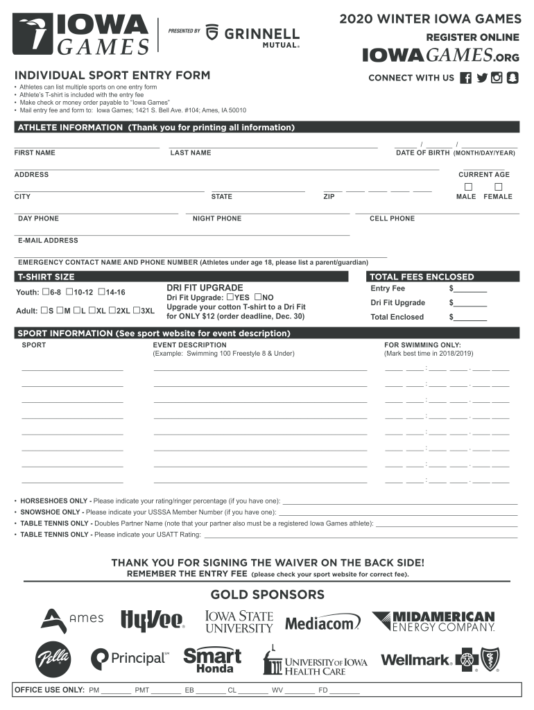 Fillable Online Athletes can list multiple sports on one entry form Fax ...