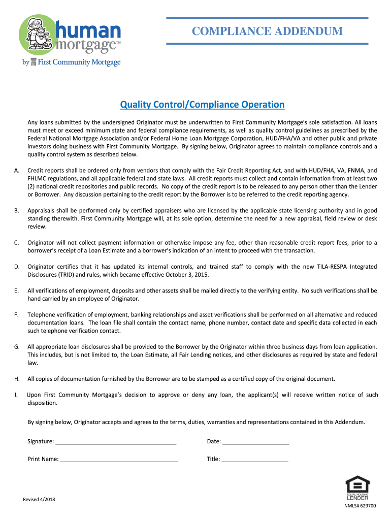 Fillable Online COMPLIANCE ADDENDUM Fax Email Print - pdfFiller