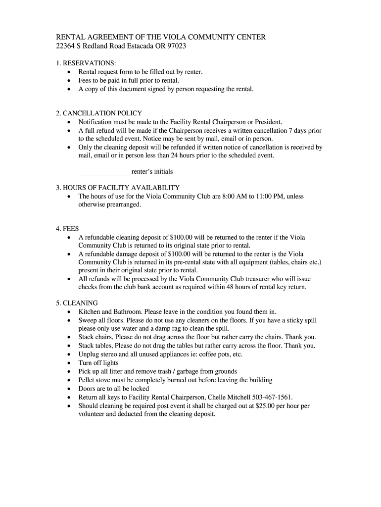 Fillable Online RENTAL AGREEMENT OF THE VIOLA COMMUNITY CENTER Fax ...