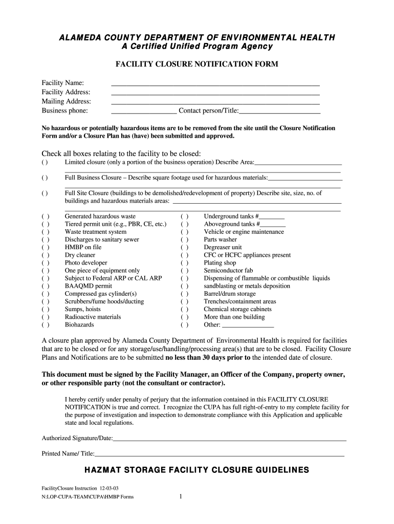 Fillable Online FACILITY CLOSURE NOTIFICATION FORM Fax Email Print ...
