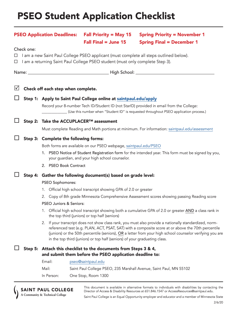 Fillable Online PSEO Student Application Checklist Fax Email Print ...