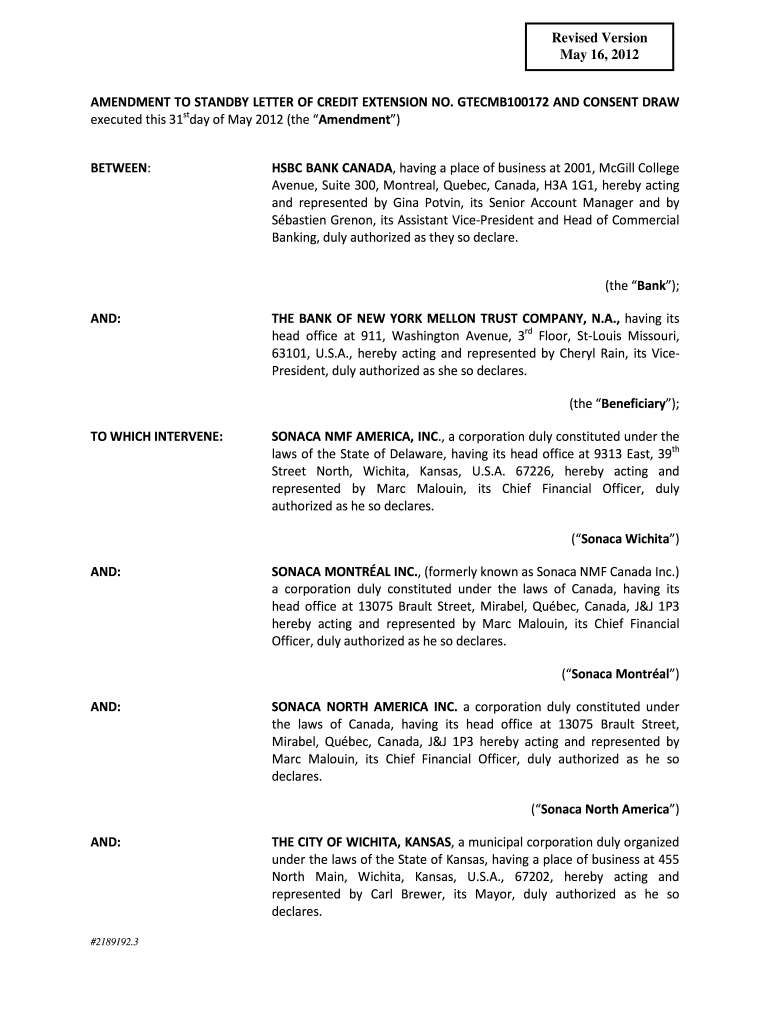 Fillable Online AMENDMENT TO STANDBY LETTER OF CREDIT EXTENSION NO Fax ...