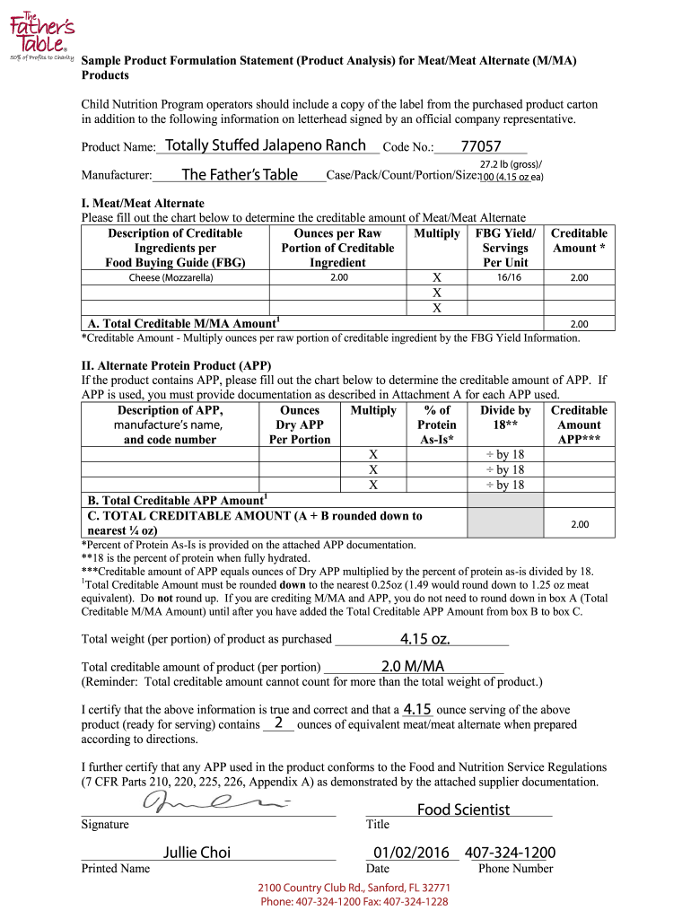 Product Formulation Example Fill Online Printable Fillable Blank